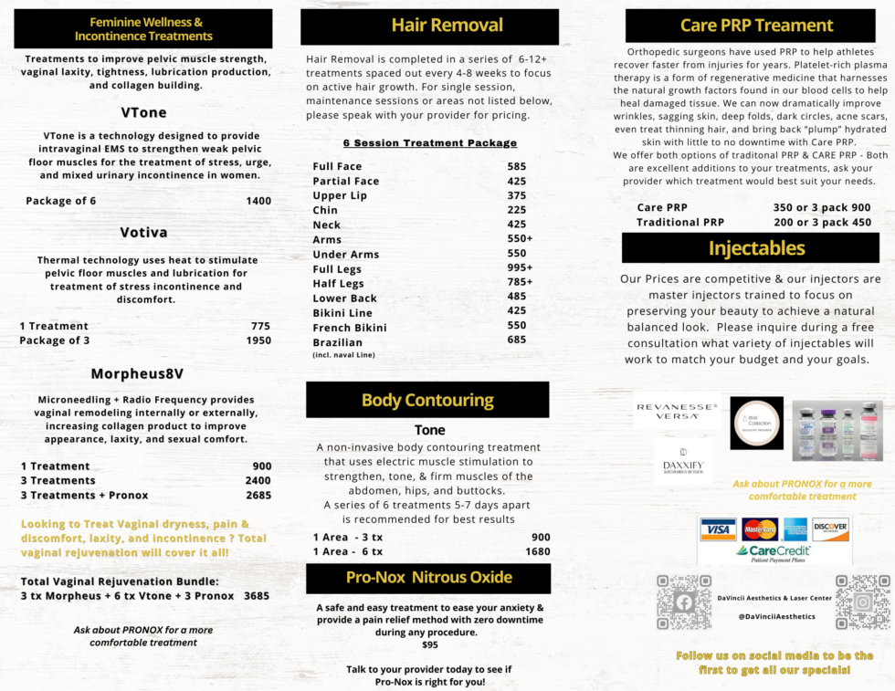 Spa-Menu | DaVincii Obstetrics & Gynecology